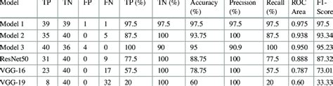 Confusion Matrix Parameters And Performance Metrics Of The Models
