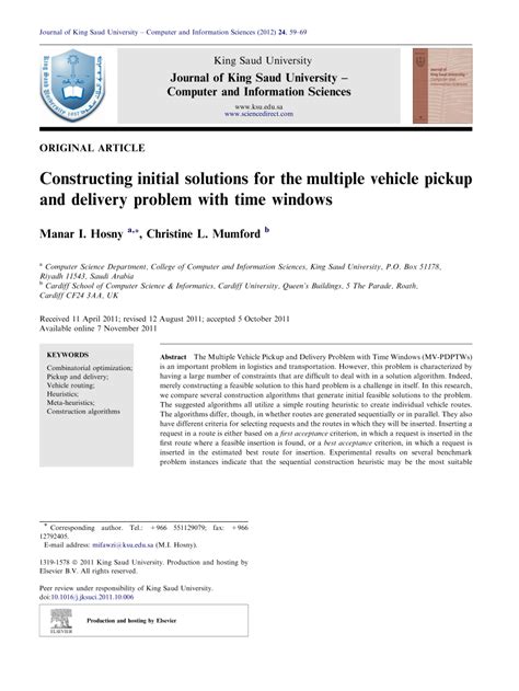 Pdf Constructing Initial Solutions For The Multiple Vehicle Pickup And Delivery Problem With