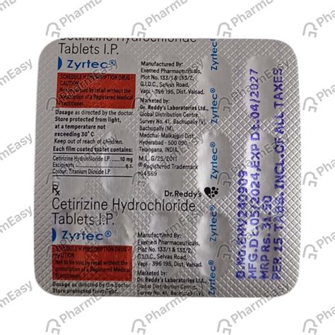 Zyrtec 10 Mg Tablet 15 Uses Side Effects Price And Dosage Pharmeasy