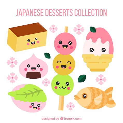 Japanese Desserts Collection In Hand Drawn Style Free Vector