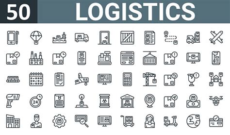 Pda 소포 화물선 배달 트럭 문 배달 상자 보고서 프리젠 테이션 다이어그램 웹 디자인 모바일 앱을위한 벡터 얇은 아이콘 목록과