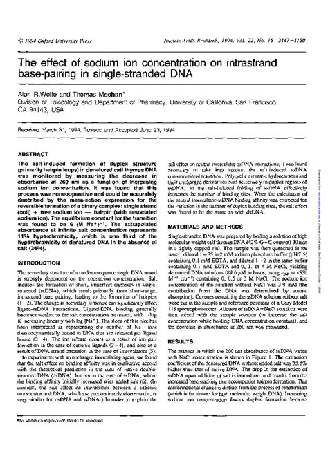 Pdf The Effect Of Sodium Ion Concentration On Intrastrand Base Pairing In Single Stranded Dna