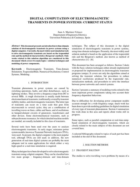 Digital Computation Of Electromagnetic Transients In Power Ssytems Current Status Pdf