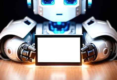 Premium Ai Image Realistic Cute Robot Holding A Tablet In His Hands Tablet With White Space To