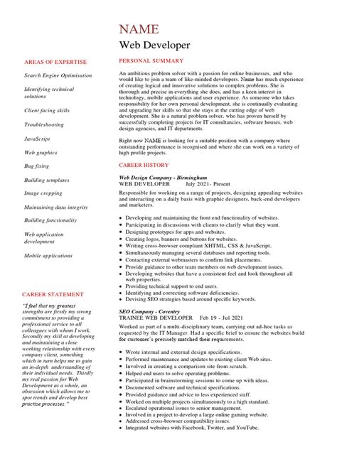 Webdeveloper Resume Sample Pdf World Wide Web Internet And Web