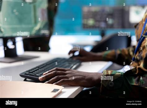 Government Intelligence Soldier In Command Center Works On Surveillance Operations Analyze Real