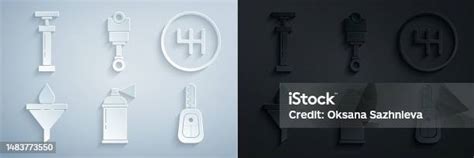 페인트 스프레이 캔 기어 시프터 깔때기 또는 필터 및 모터 오일 드롭 리모컨이 있는 자동차 키 엔진 피스톤 및 아이콘을 설정합니다 벡터 0명에 대한 스톡 벡터 아트 및 기타