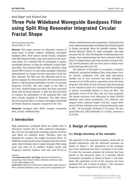 Pdf Three Pole Wideband Waveguide Bandpass Filter Using Split Ring Resonator Integrated