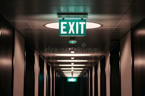 Safety Sign Indicating Emergency Exit Location In Corridor With Illuminated Ceiling Mount Stock