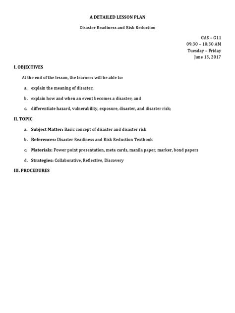 A Detailed Lesson Plan Drrr Pdf Hazards Lesson Plan