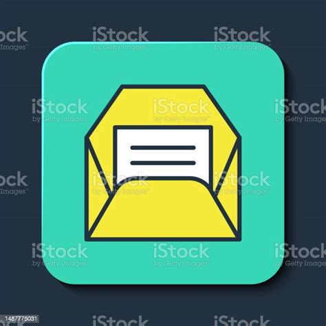 채워진 윤곽선 봉투 아이콘은 파란색 배경에 분리되어 있습니다 받은 메시지 개념입니다 새로운 이메일 수신 메시지 Sms 메일 배달 서비스 청록색 사각형 버튼 벡터 Brand