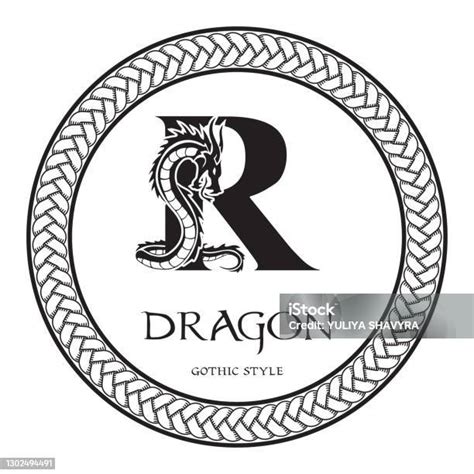 대문자 R 우아한 고딕 드래곤 로고와 문신 요소 내부의 드래곤 실루엣 로고타입 엠블럼 모노그램 아이콘 명함 브랜드 이름에 대한 헤럴드 기호 짐승 고대 신화 개념에 대한 스톡