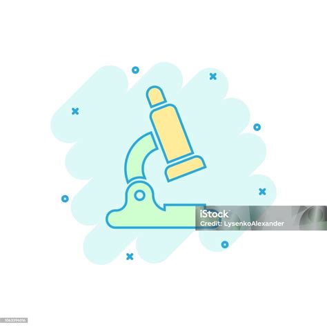 벡터 만화 스타일에서 만화 현미경 실험실 아이콘입니다 현미경 기호 그림 그림 화학 발견 비즈니스 스플래시 효과 개념입니다 개념에