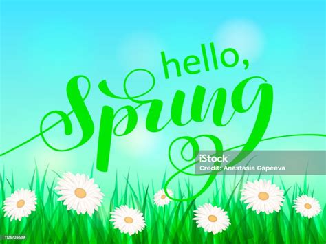 브러시 글자를 봄 하늘 그리고 푸른 잔디 배경입니다 배너 또는 포스터에 대 한 벡터 일러스트 레이 션 계절에 대한 스톡 벡터