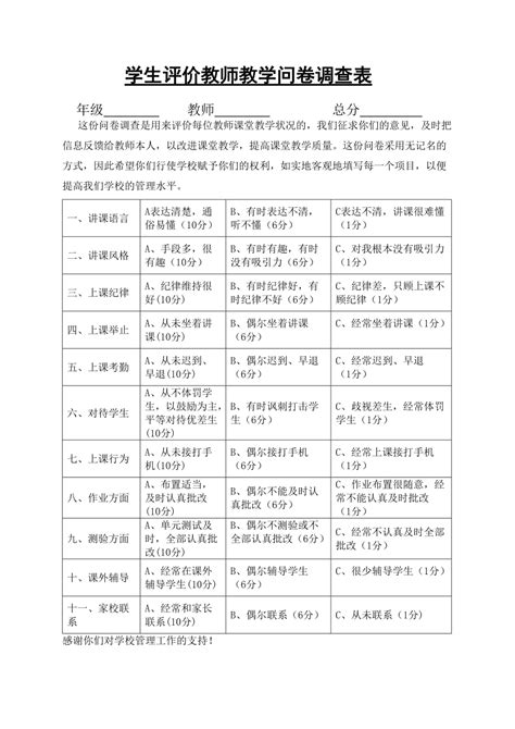 教师评价问卷调查表 教师评价问卷调查表