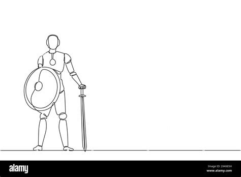 Continuous One Line Drawing Robots Stands Holding Big Sword And Shield Humanoid Robot