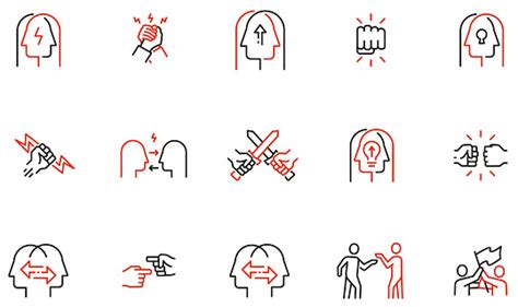 갈등과 불일치 경쟁과 대결과 관련된 선형 아이콘의 벡터 집합입니다 모노 라인 픽토그램 및 인포그래픽 디자인 요소 대회에 대한