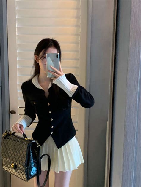 ♥당일출고♥ Set 골드 단추 브이넥 긴팔 롱슬리브 슬리밍 니트 가디건 플리츠 미니 스커트 투피스 세트