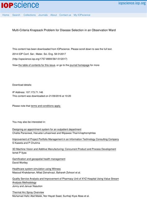 pdf multi criteria knapsack problem for disease selection in an observation ward