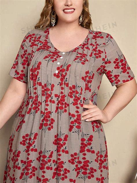 Shein Curve Plus Size Ditsy Floral Long Summer Dress With Sleeves Half