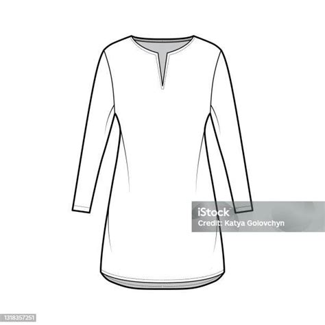 드레스 튜닉 테크니컬 패션 일러스트와 긴 소매 오버사이즈 바디 미니 길이 스커트 슬래시 넥 의류 0명에 대한 스톡 벡터 아트 및 기타 이미지 Istock