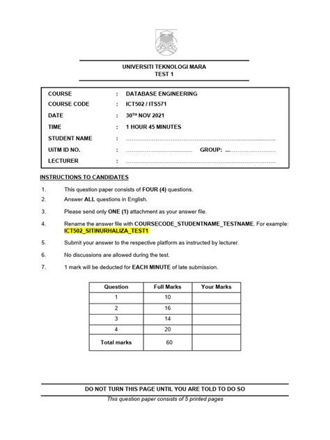 Universiti Teknologi Mara Test 1 Ict502 Its571 Pdf