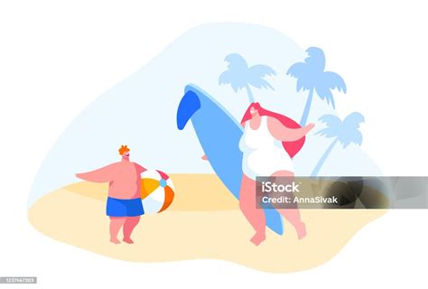 여름 방학 동안 이국적인 열대 리조트에서 샌디 비치에 볼 스탠드와 서핑 보드와 작은 소년과 행복한 젊은 어머니 휴일에 문자 레크리에이션 만화 사람 벡터 일러스트 계절에 대한