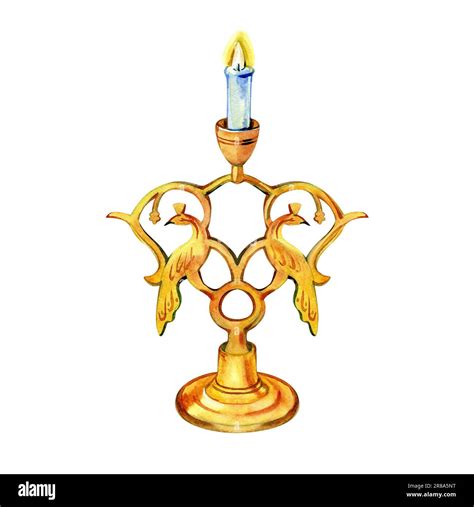 Vintage Melted Candle In Golden Bronze Candlestick Isolated On White Background Watercolor Hand