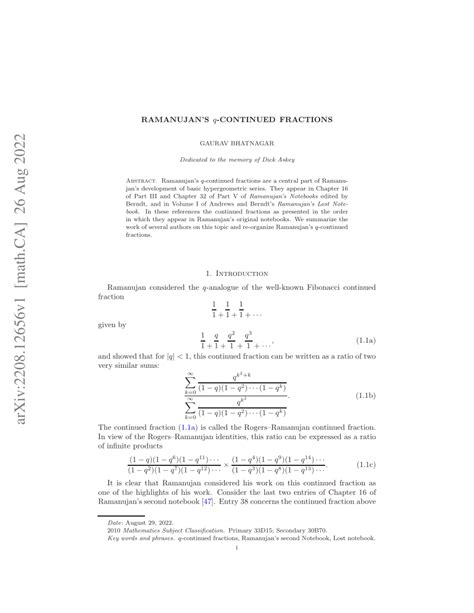 Pdf Ramanujans Q Continued Fractions