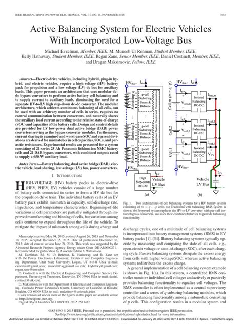 Active Balancing System For Electric Vehicles With Incorporated Low