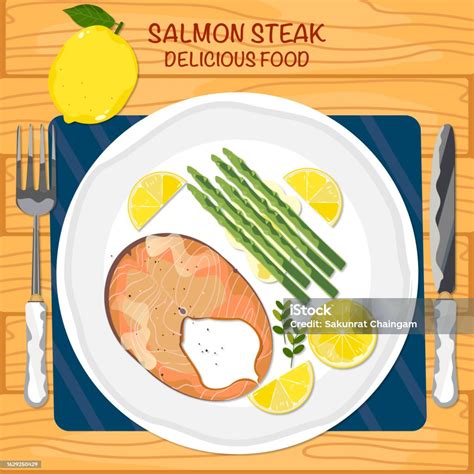 라임 소스를 곁들인 연어 스테이크 접시에 아스파라거스 반찬 나뭇결 배경 그림 벡터에 분리된 평면도 물고기에 대한 스톡 벡터 아트 및 기타 이미지 Istock