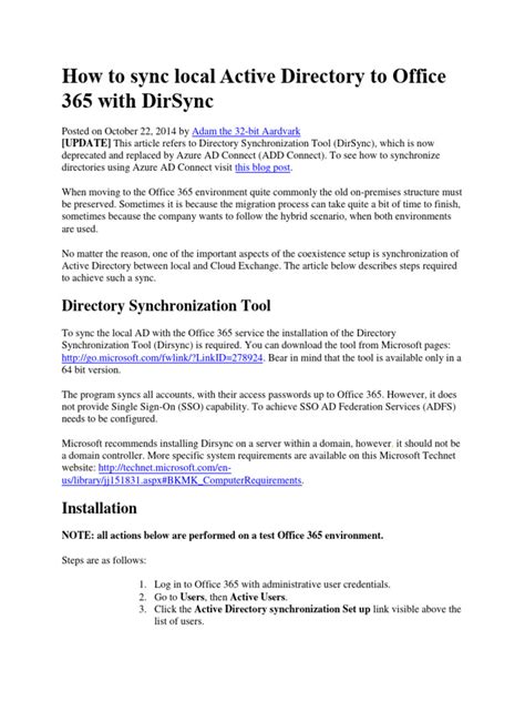 How To Sync Local Active Directory To Office 365 With Dirsync Pdf Active Directory Software