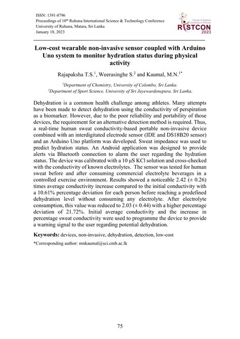 Pdf Low Cost Wearable Non Invasive Sensor Coupled With Arduino Uno System To Monitor Hydration