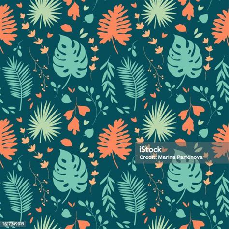 풍부한 색상의 열대 단풍의 배경입니다 식물 원활한 패턴입니다 열대 야자수는 어두운 배경에 실루엣으로 나뭇잎 가을에 대한 스톡 벡터 아트 및 기타 이미지 Istock