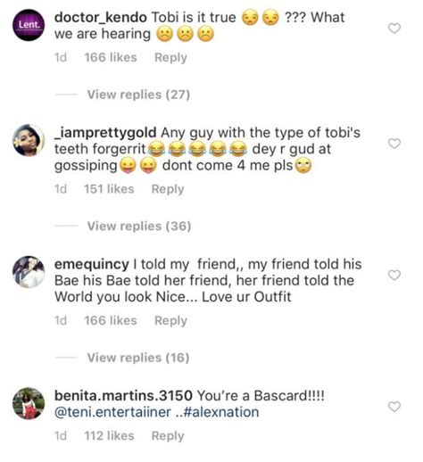 Alexs Fans Still Dragging Tobi Over Sex Gossip Celebrities Nigeria