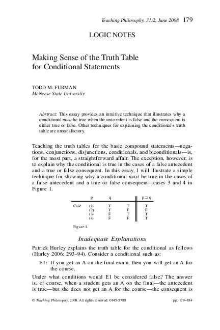 Pdf Making Sense Of The Truth Table For Conditional Statements