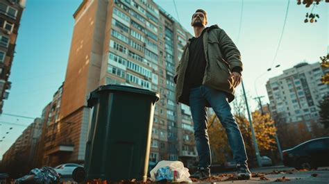 Premium Photo Man Throws Garbage For Public Use Empty Trash Can