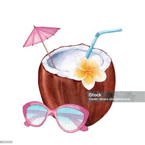 수채화 손으로 그린 코코넛 칵테일과 짚 선글라스 프랑기파니 꽃 흰색 배경에 고립 된 그림 일러스트레이션에 대한 스톡 벡터 아트