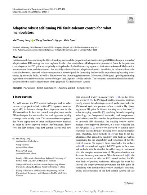 Adaptive Robust Self Tuning Pid Fault Tolerant Control For Robot Manipulators Request Pdf