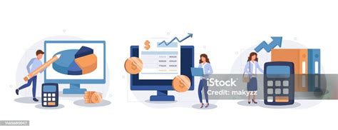 예산 부기 그림 세트 서류 작업을하는 사람들 문자 회계 직불 및 신용 청구서 및 소득세 계산 재무 관리 개념 벡터 일러스트레이션 개념에 대한 스톡 벡터 아트 및 기타 이미지