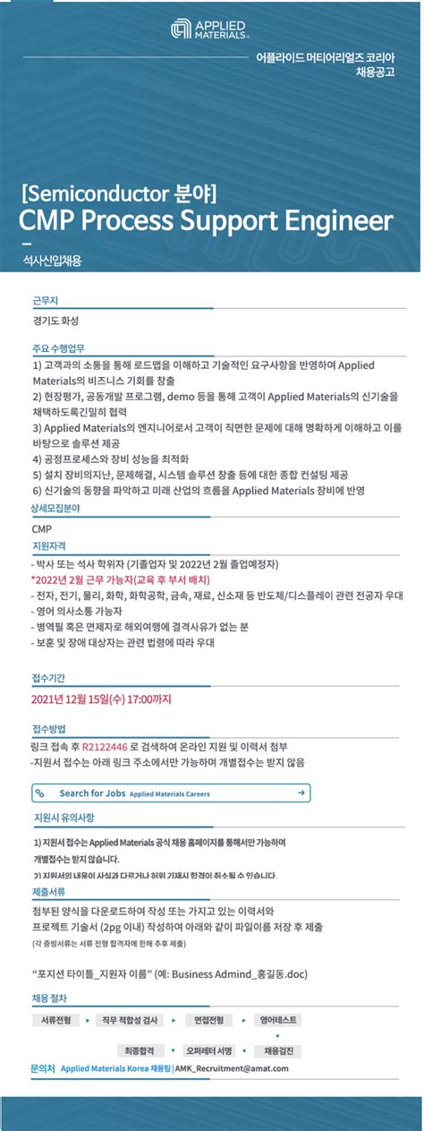 어플라이드 머티어리얼즈 코리아 채용공고 cmp process support engineer 공정 엔지니어 석사신입 채용