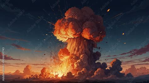 Epic Anime Style Nuclear Explosion Background Cartoon Blast With Smoke Clouds Fire And