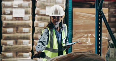 Export Warehouse And Woman With Tablet Scanner And Logistics Inspection For Inventory