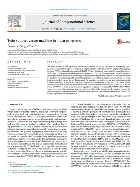 Pdf Twin Support Vector Machine In Linear Programs