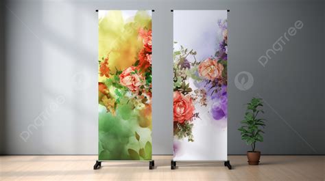 한쪽과 다른쪽에 꽃이 있는 두 개의 배너 트윈 배너가 보이는 60cm X 180cm 롤업 스탠드 배너용 3d 모형 그림 고화질 사진 사진 배너 목업 배경 일러스트 및