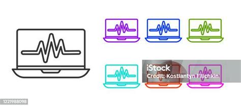 흰색 배경에 격리 된 심전도 아이콘이있는 검은 색 선 노트북 모니터링 아이콘 심장 박동 손으로 그린 심전도 모니터 다채로운 아이콘을 설정합니다 벡터 일러스트레이션 건강