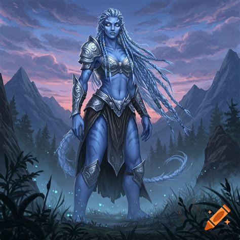 A Tall Blue Skinned Female Fantasy Warrior With Long Blue Braided Hair