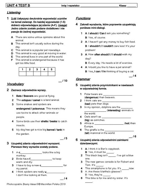 Brainy Kl6 Unit Test 4 B Pdf Organisms