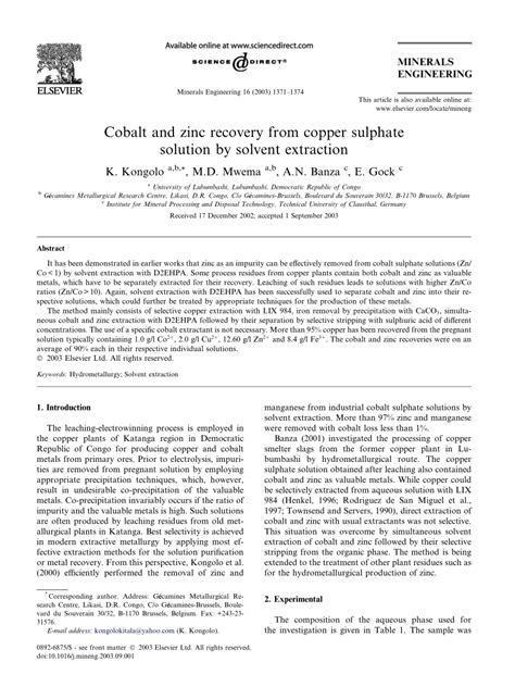 Pdf Cobalt And Zinc Recovery From Copper Sulphate Solution By Solvent Extraction