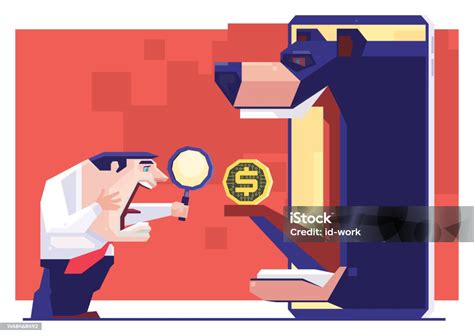 곰과 함께 스마트폰에 돋보기로 전자 동전을 찾는 사업가 갇힌에 대한 스톡 벡터 아트 및 기타 이미지 갇힌 감시 개념